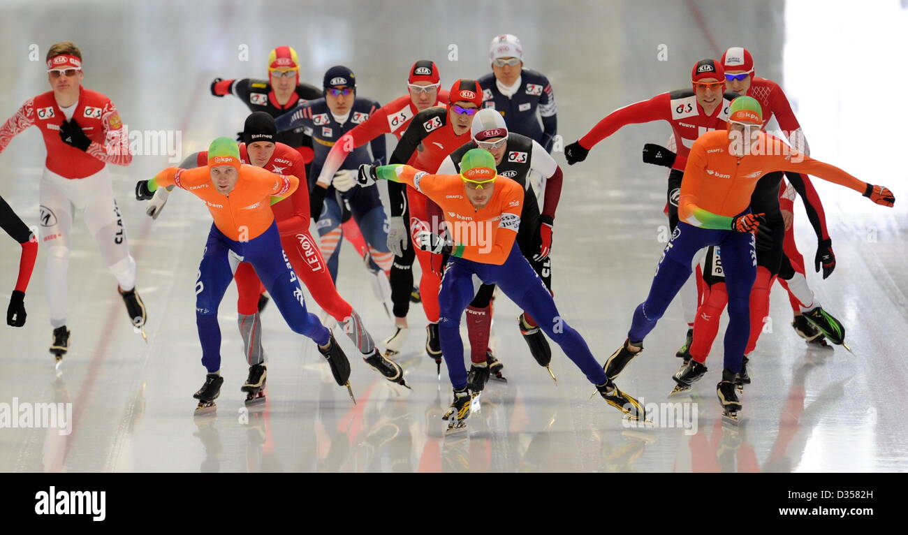 Dutch speed skaters Arjan Stroetinga (front, L-R), Christijn Groeneveld ...