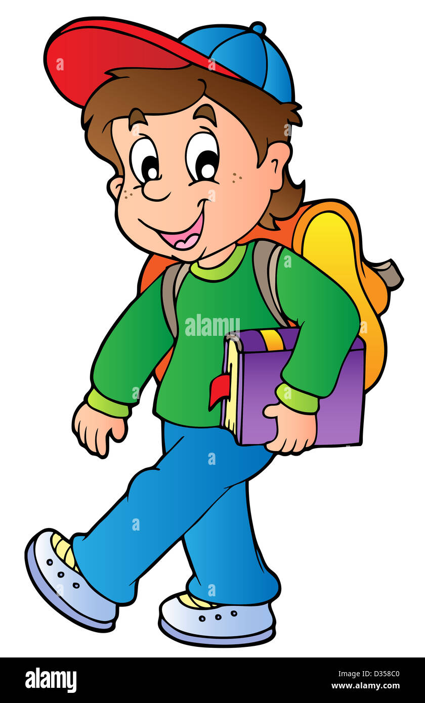 Cartoon boy walking to school - isolated illustration Stock Photo - Alamy