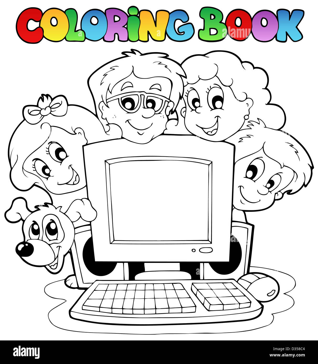 Coloring book computer and kids - thematic illustration Stock Photo - Alamy