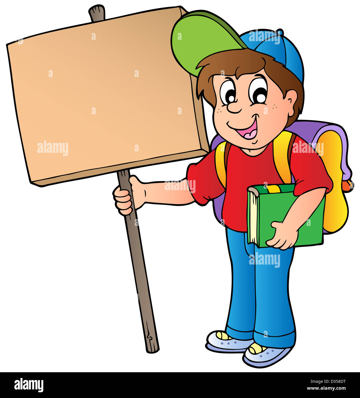 School boy holding wooden board - color illustration Stock Photo - Alamy