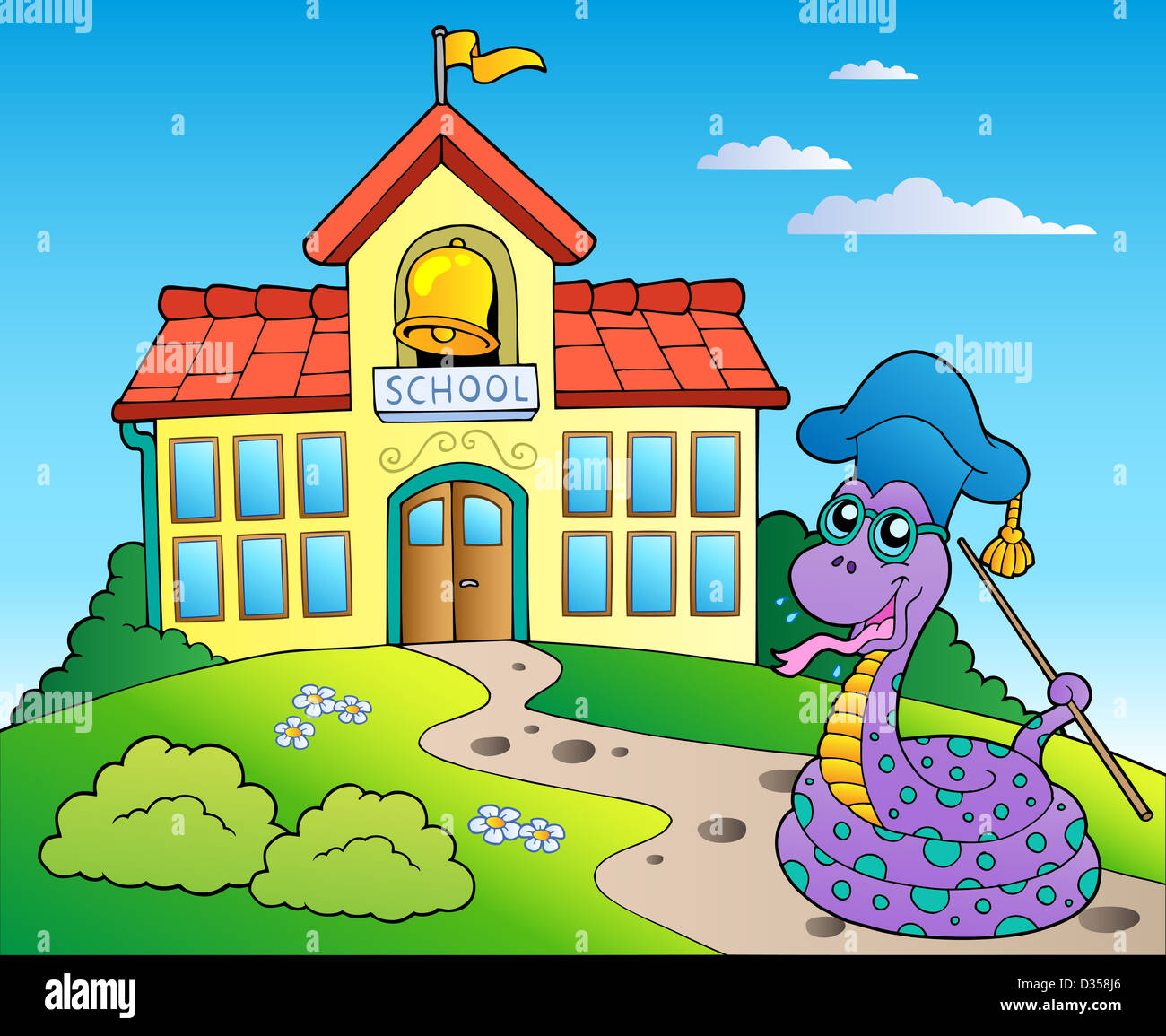Snake teacher with school building - color illustration Stock Photo - Alamy