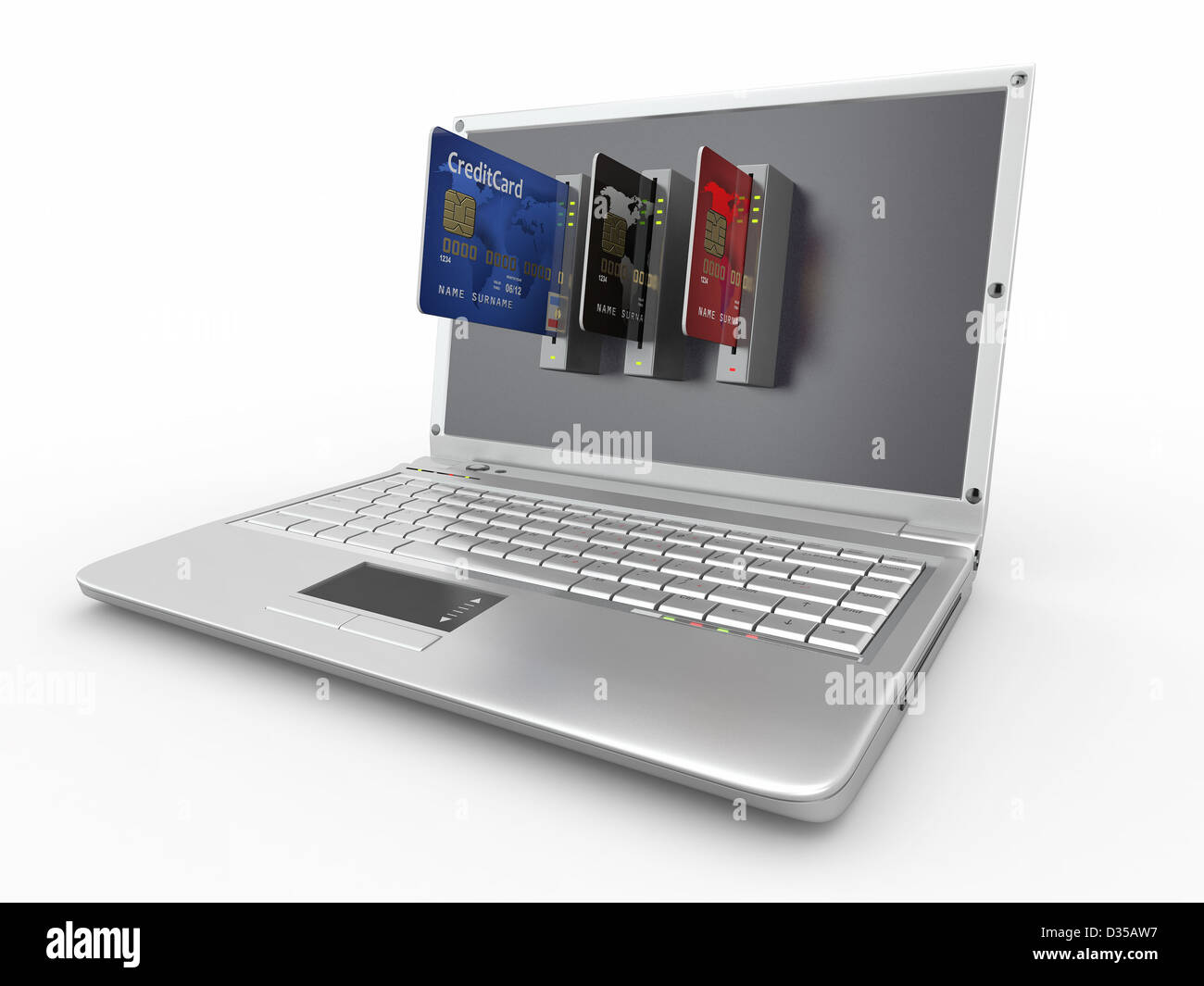 E-commerce. Laptop and credit card on white isolated background. 3d ...