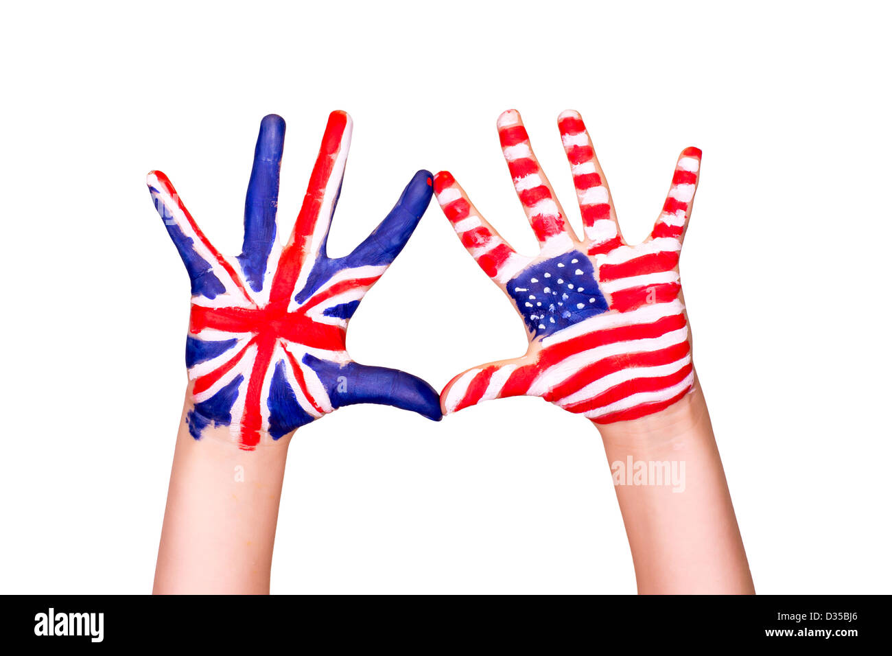 American and English flags on hands. Learning English language concept ...