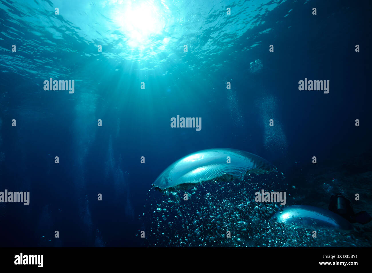 Underwater view of bubbles rising to the surface, bubbles from divers ...