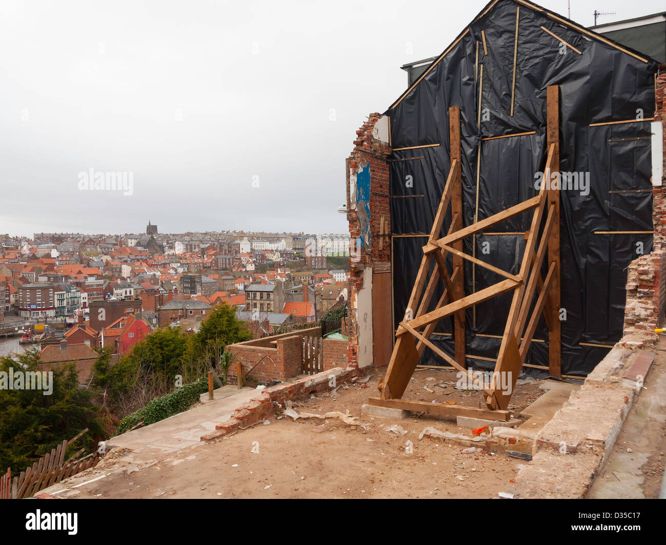 Timber shoring supports a remaining cottage in Aelfleda Terrace Whitby ...