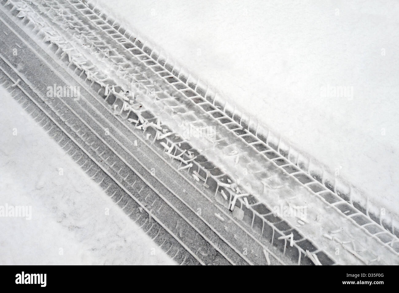 Winter tire tracks, marks in the snowy road Stock Photo - Alamy