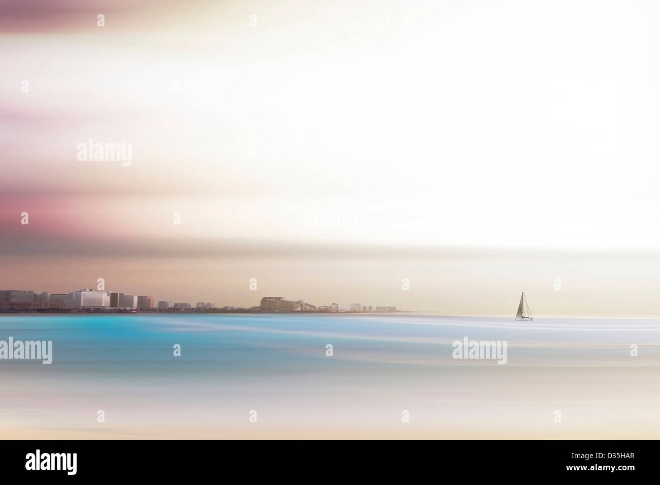 Scenic view with distorted landscape and sky with silhouetted town in ...