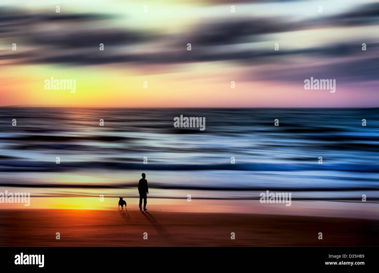 Scenic view with distorted landscape and sky with silhouetted figures ...