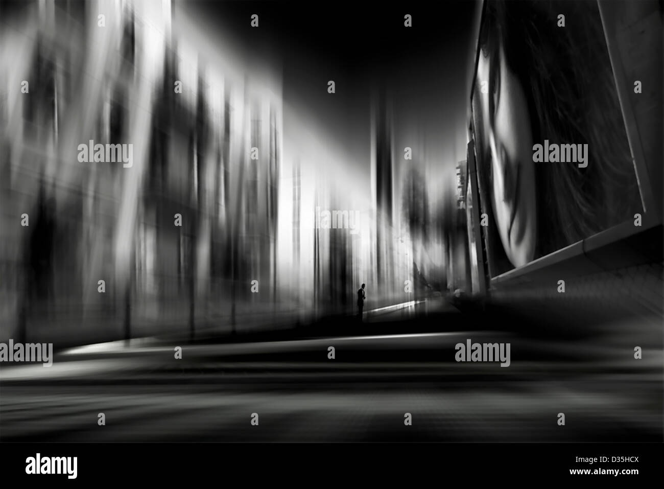 Scenic view with distorted landscape and sky with silhouetted figures ...