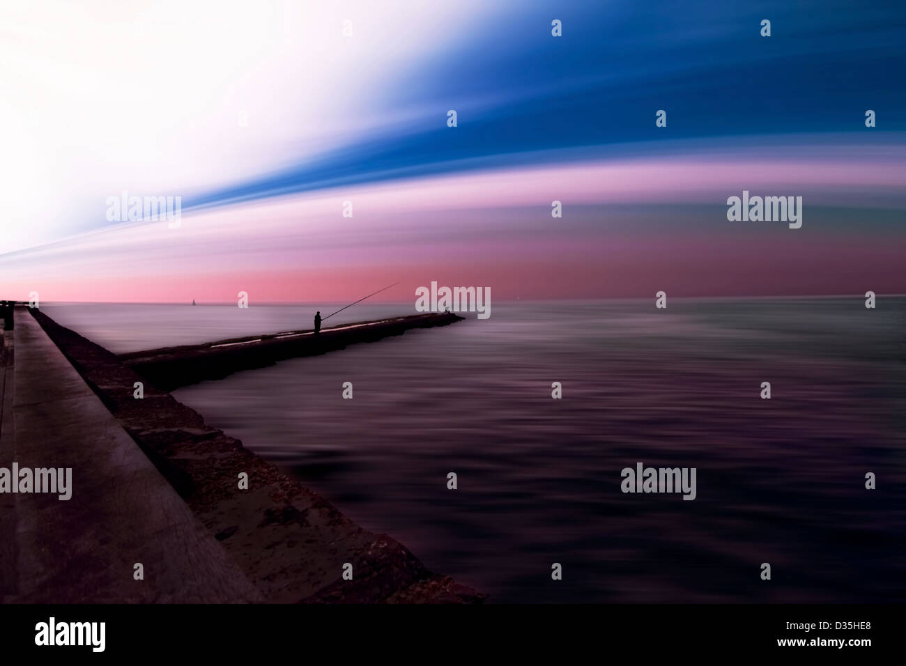 Scenic view with distorted landscape and sky with silhouetted figures ...