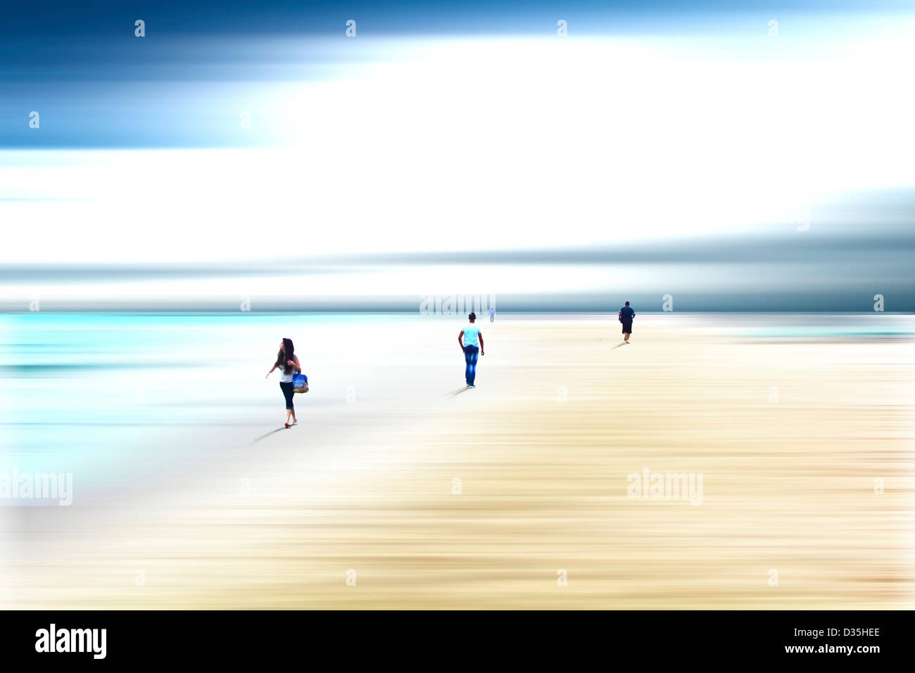 Scenic view with distorted landscape and sky with silhouetted figures ...