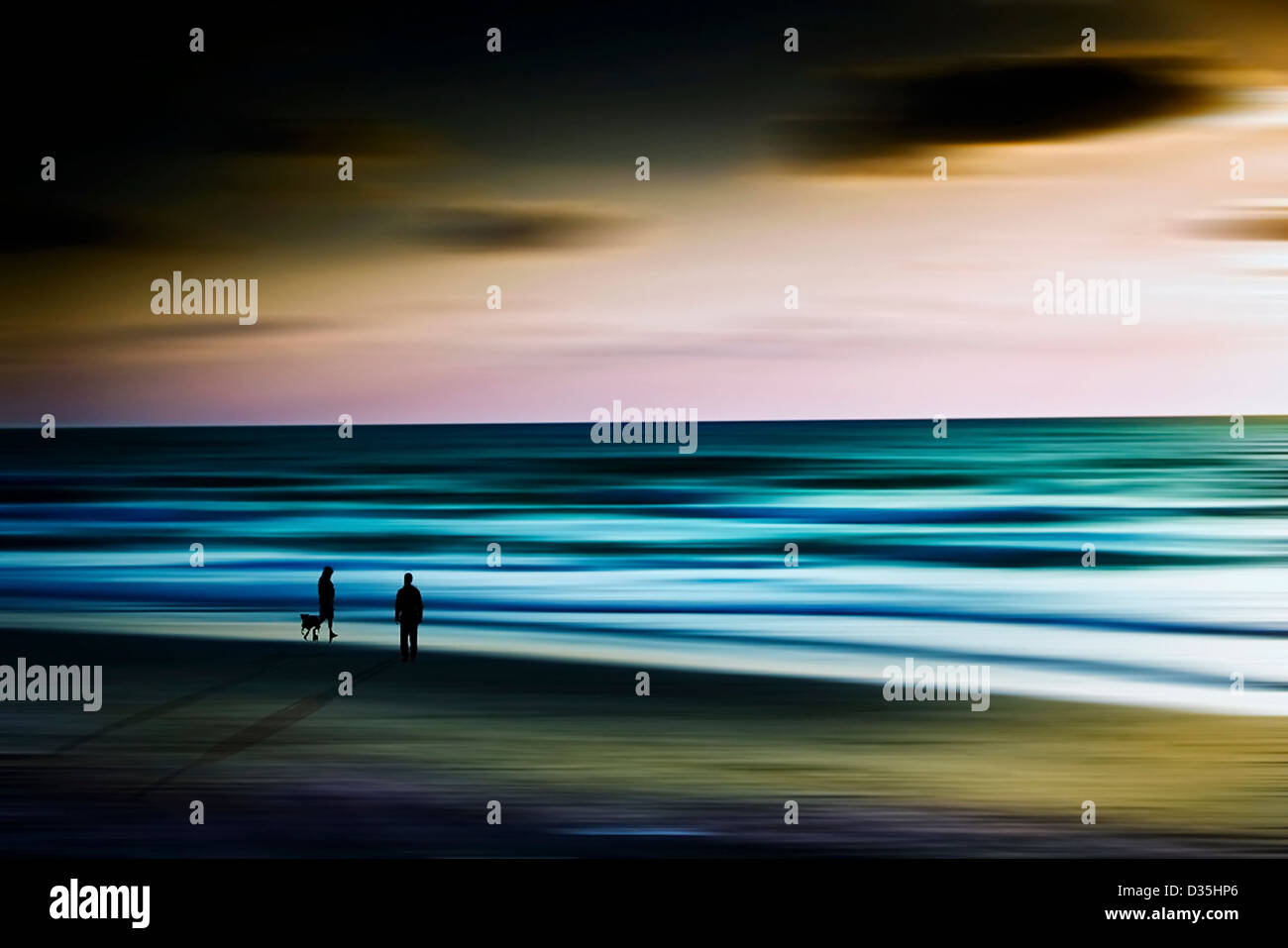 Scenic view with distorted landscape and sky with silhouetted figures ...