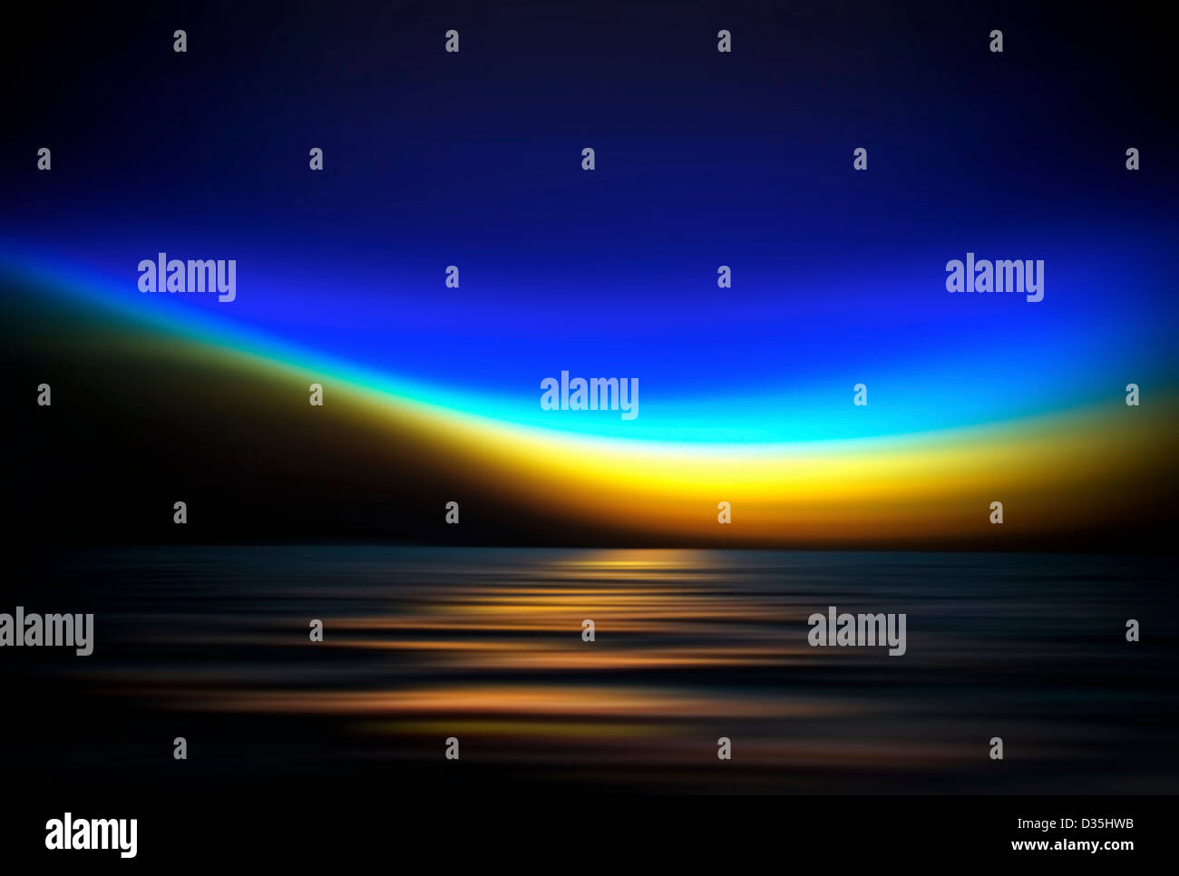 Scenic view with distorted landscape and sky with silhouetted figures ...