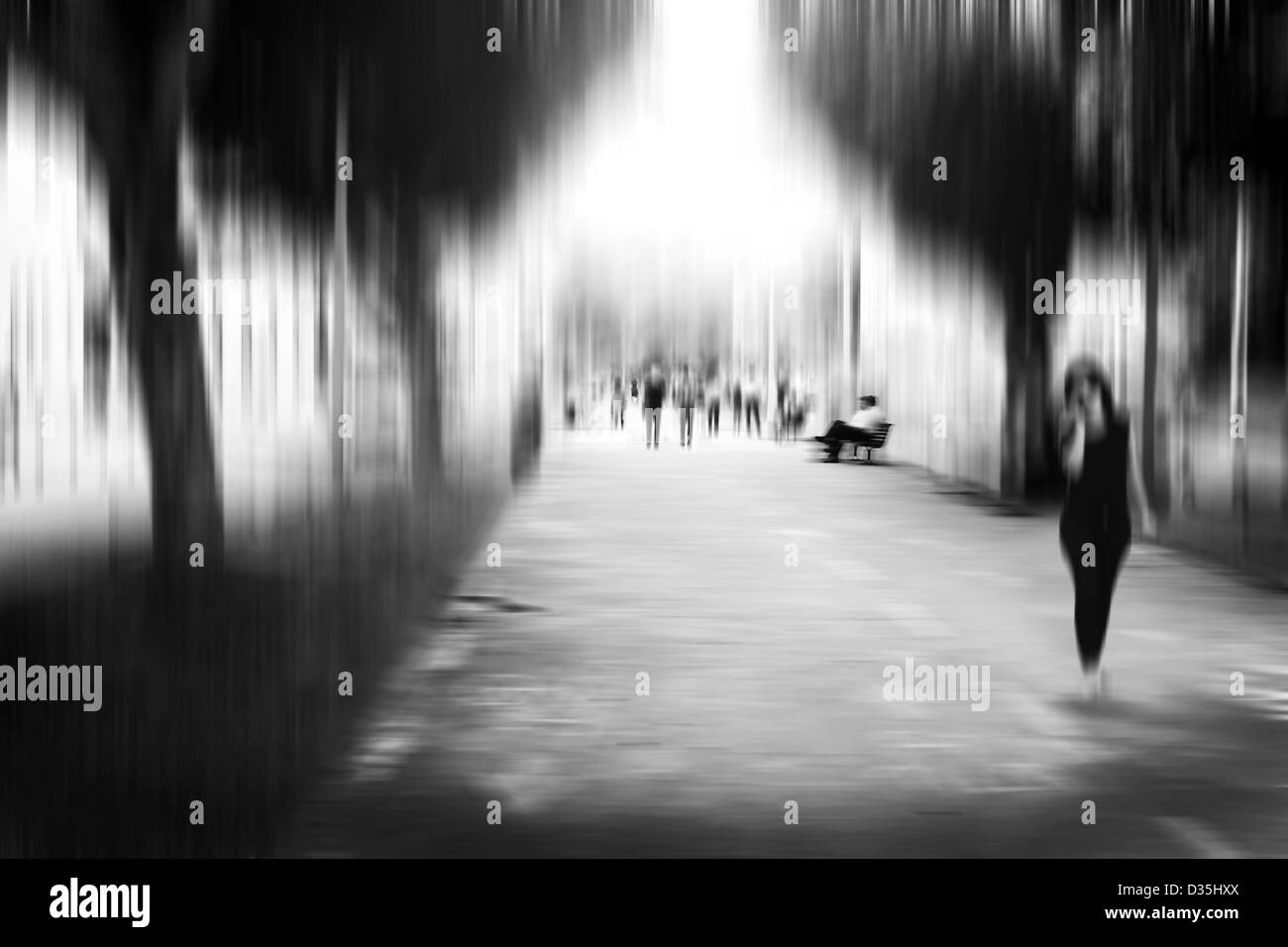 Scenic view with distorted landscape and sky with silhouetted figures ...