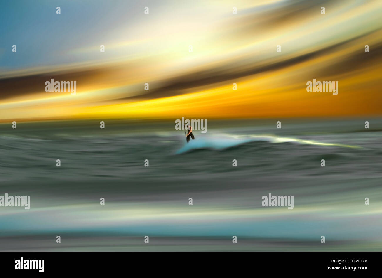 Scenic view with distorted landscape and sky with silhouetted figures ...