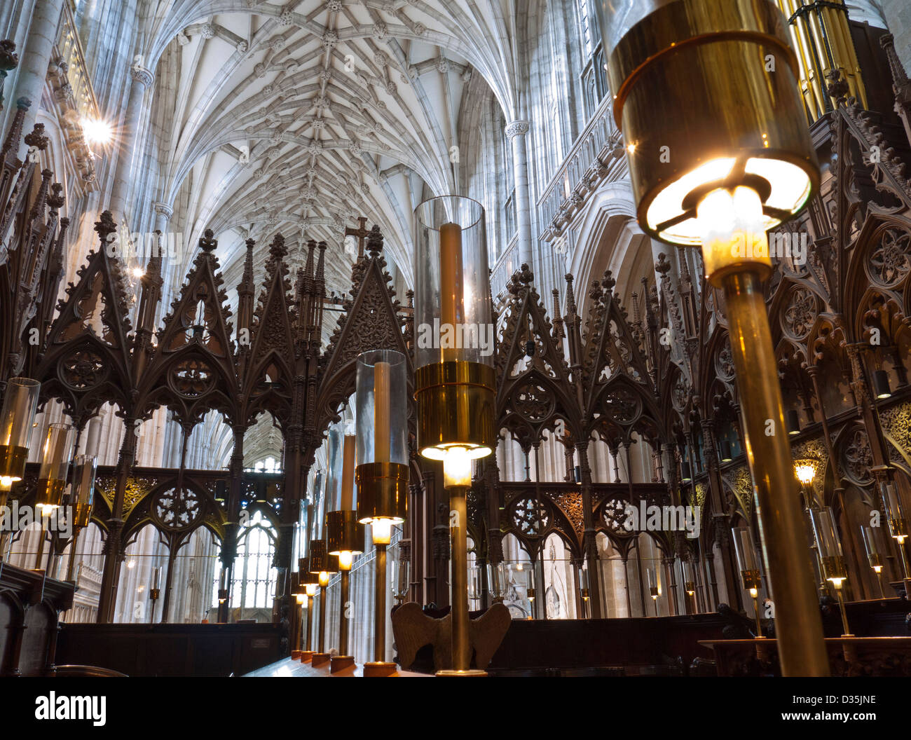 Winchester Cathedral interior choir stalls and carved gothic frieze ...