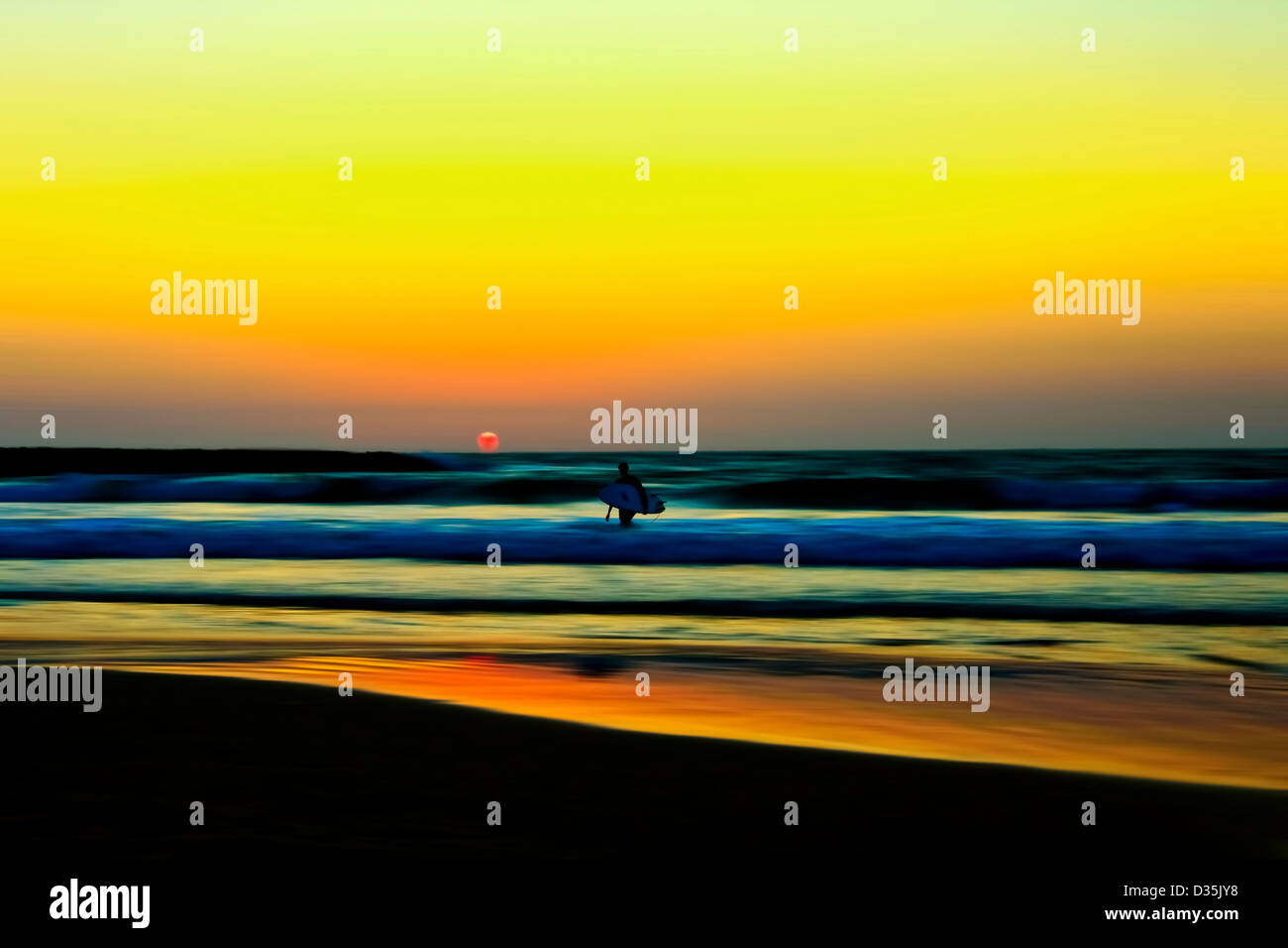 Scenic view with distorted landscape and sky with silhouetted figures ...