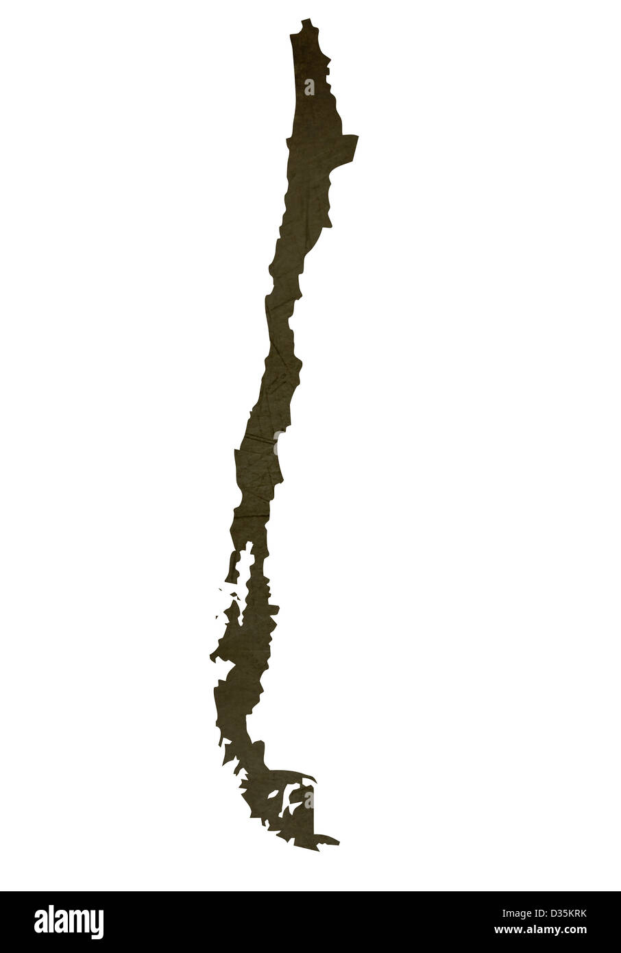 Dark silhouetted and textured map of Chile isolated on white background ...