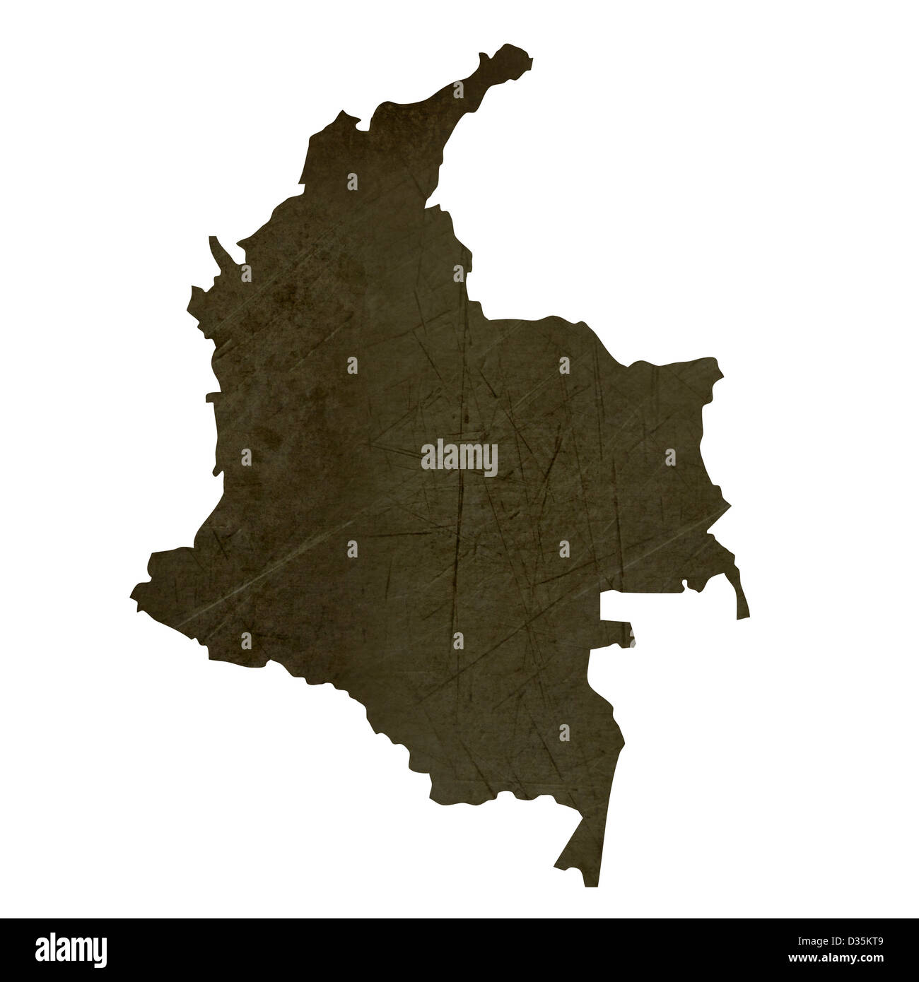 Dark silhouetted and textured map of Columbia isolated on white ...