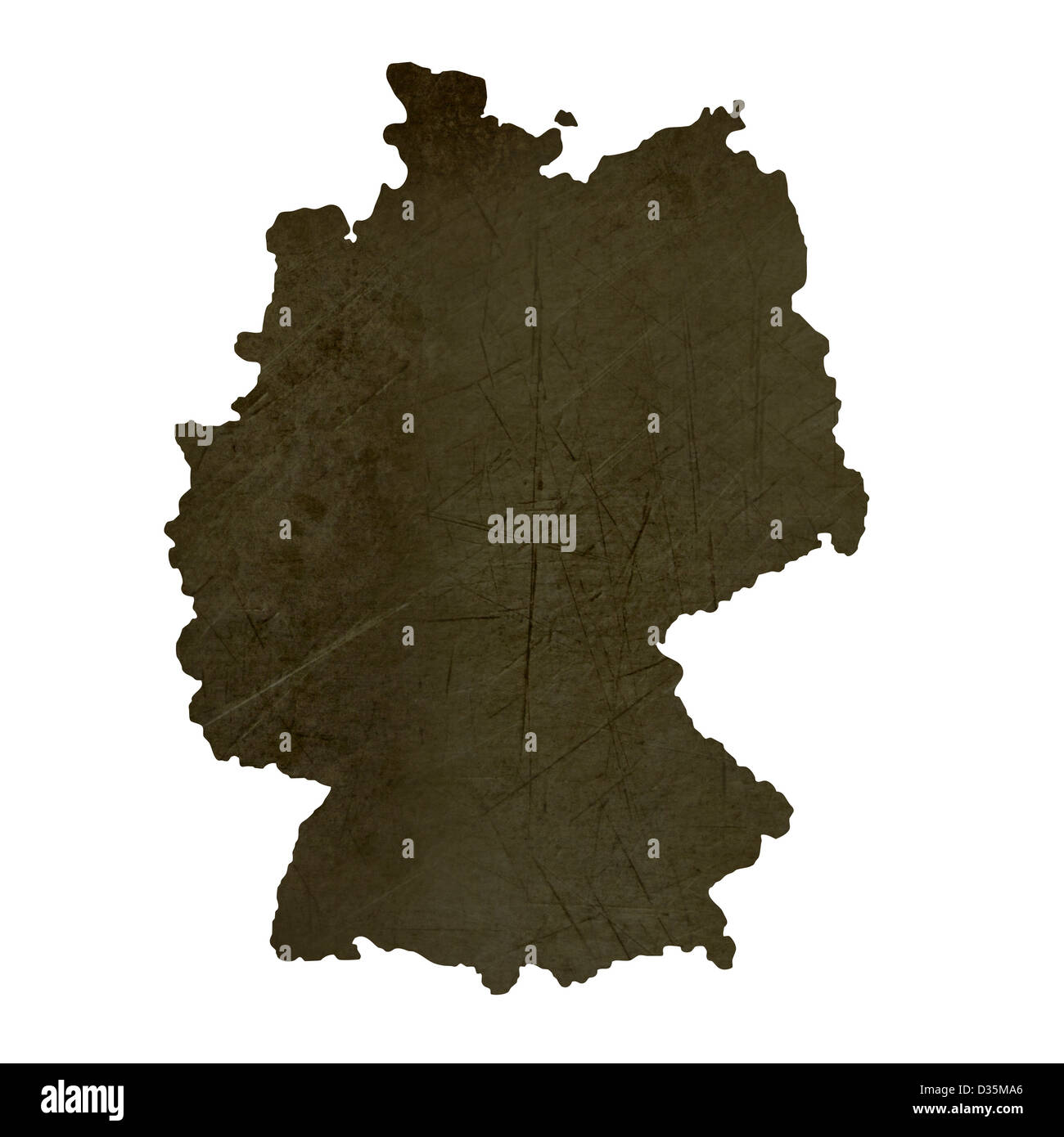 Dark silhouetted and textured map of Germany isolated on white ...