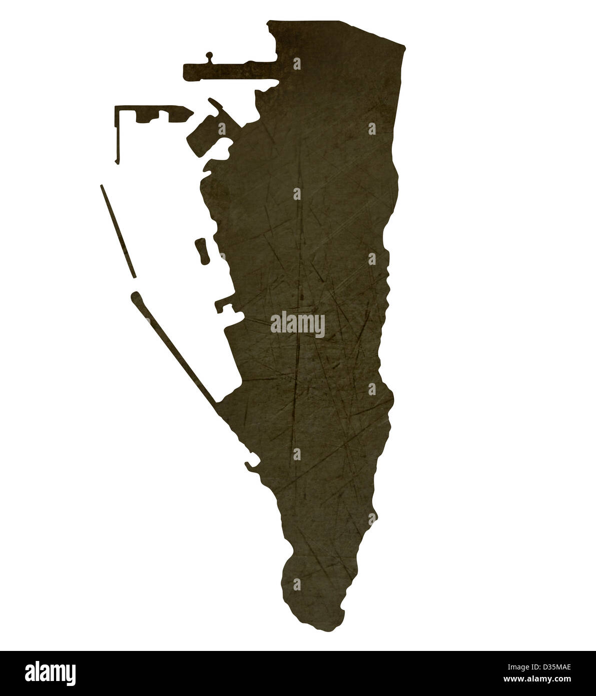 Dark silhouetted and textured map of Gibraltar isolated on white ...