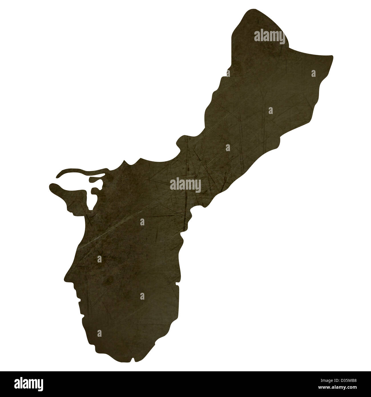 Dark silhouetted and textured map of Guam isolated on white background ...