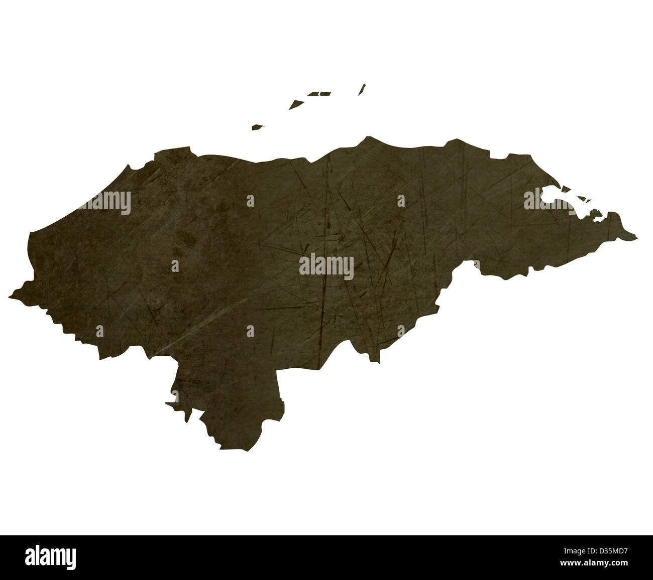 Dark silhouetted and textured map of Honduras isolated on white ...