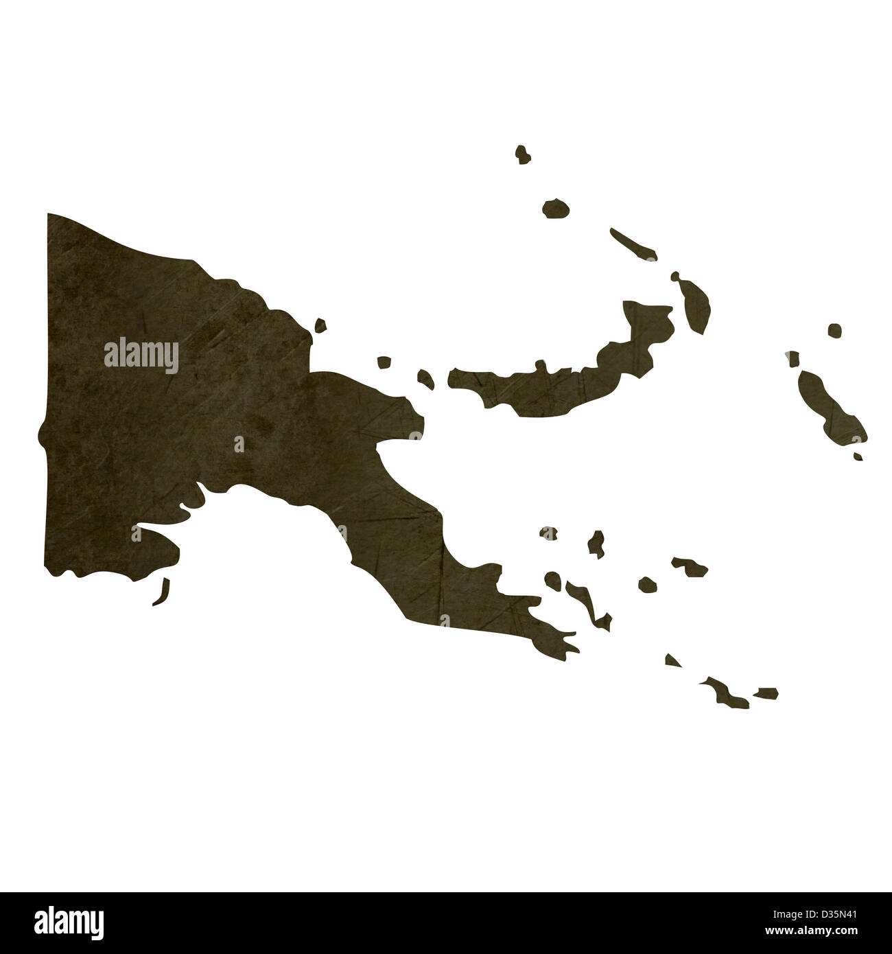 Dark silhouetted and textured map of Papa New Guinea isolated on white ...