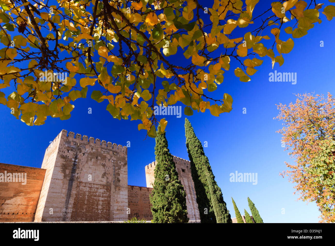 Alcazaba towers and Autumn leaves in the Alhambra. Granada, Spain Stock ...