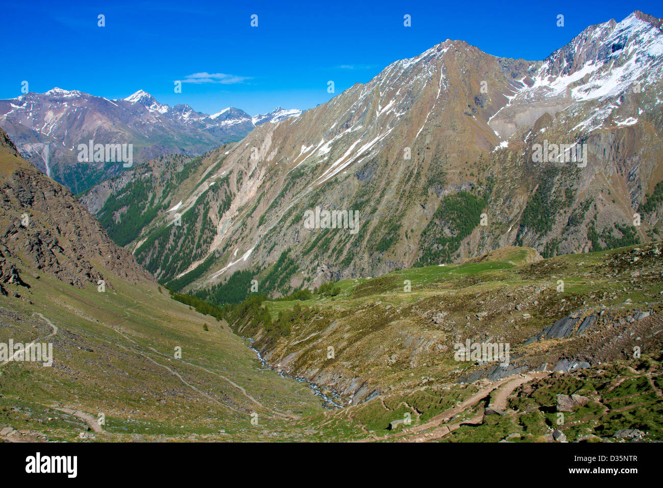 Panoramic view of Gran Paradiso National Park with snow clad peaks and ...
