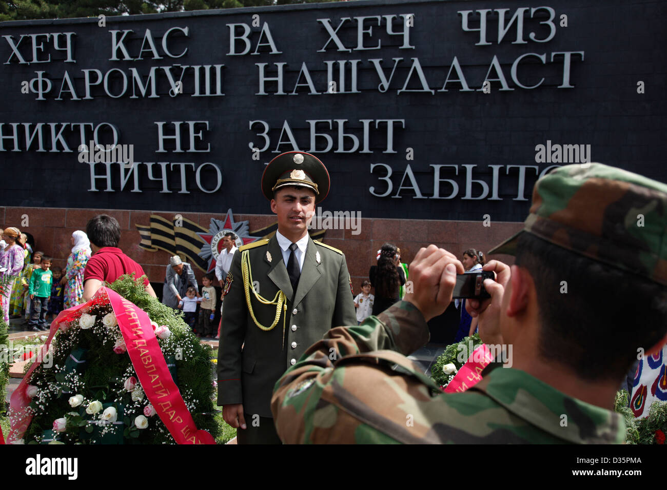 Tajik soldiers at a Soviet Veteran's day celebration in Dushanbe ...