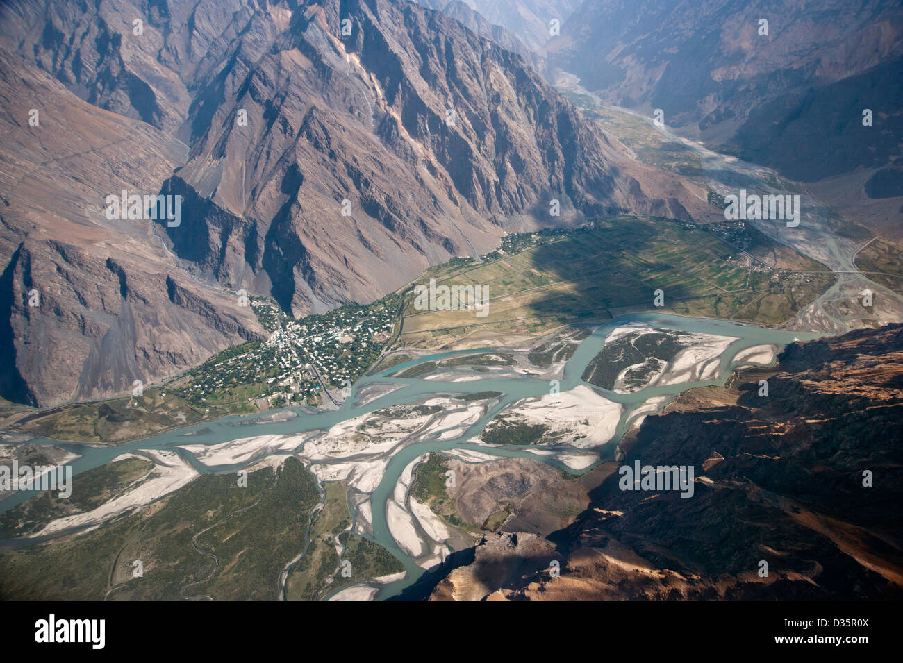 Aerial view of the Tajik-Afghan border near the town of Rushan, Gorno ...