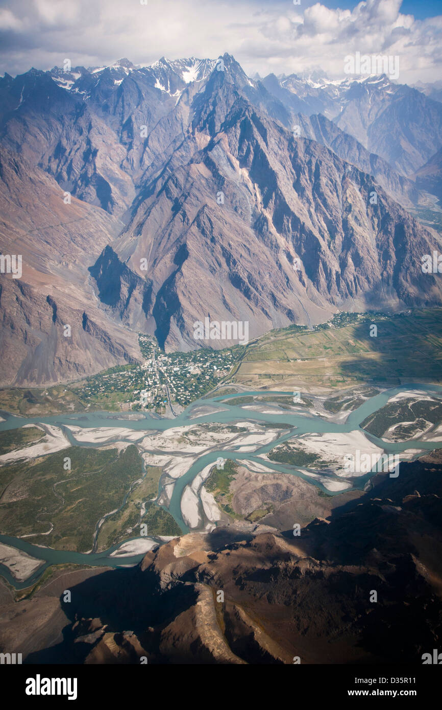 Aerial view of the Tajik-Afghan border near the town of Rushan, Gorno ...
