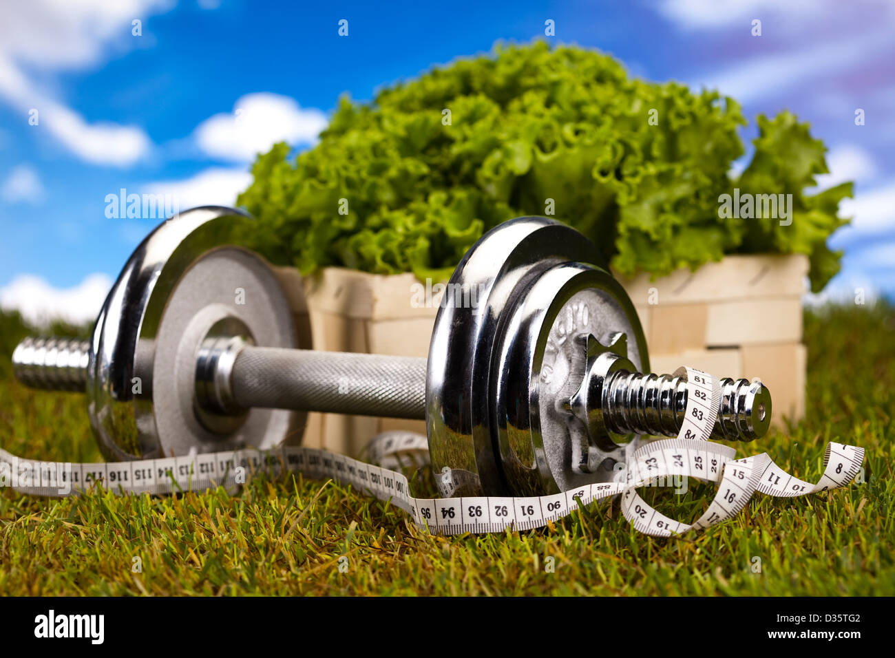 Fitness diet,vegetables and fruits on green grass Stock Photo - Alamy