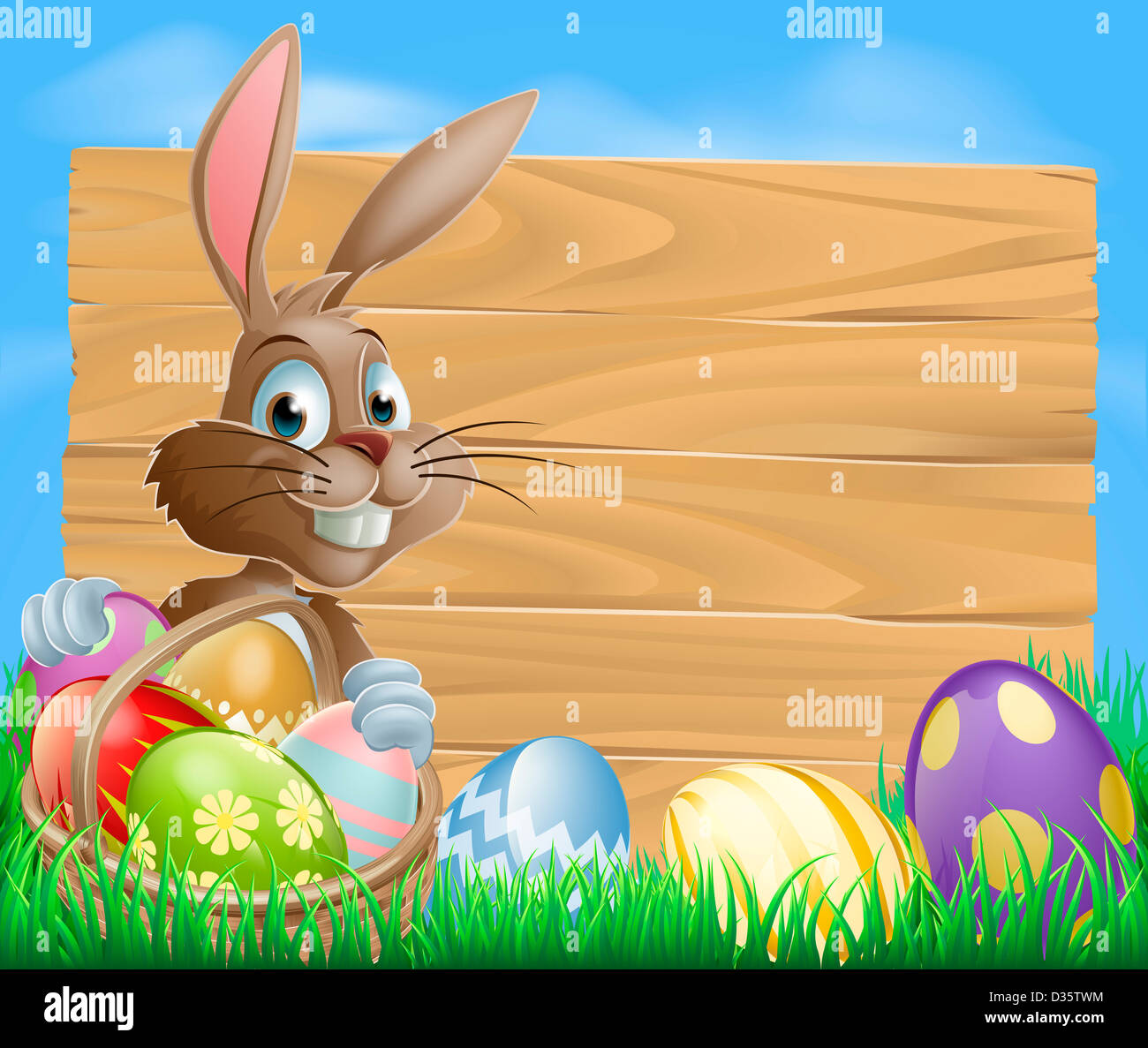 A cute Easter bunny rabbit character standing by a wooden sign holding ...