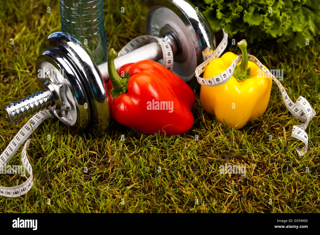 Fitness diet,vegetables and fruits on green grass Stock Photo - Alamy