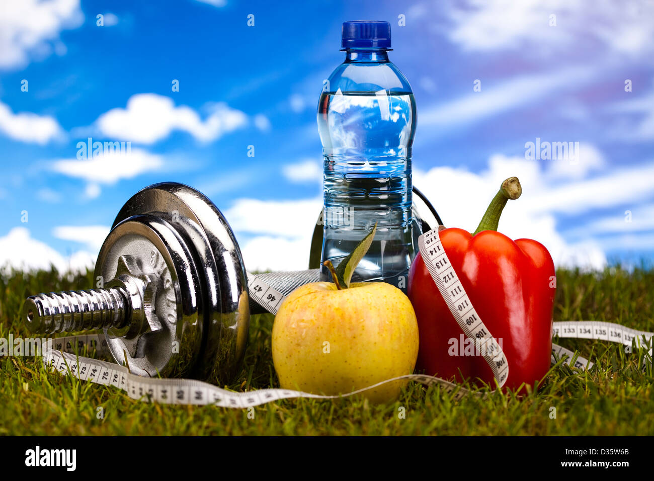 Fitness diet,vegetables and fruits on green grass Stock Photo - Alamy