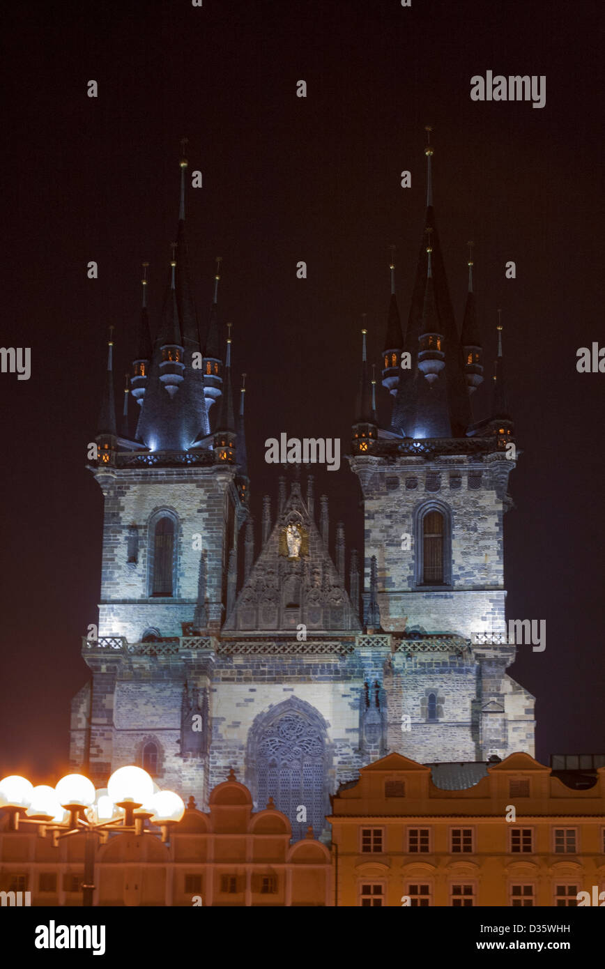 Towers of the gothic church of Tyn in Prague at night. Czech republic ...