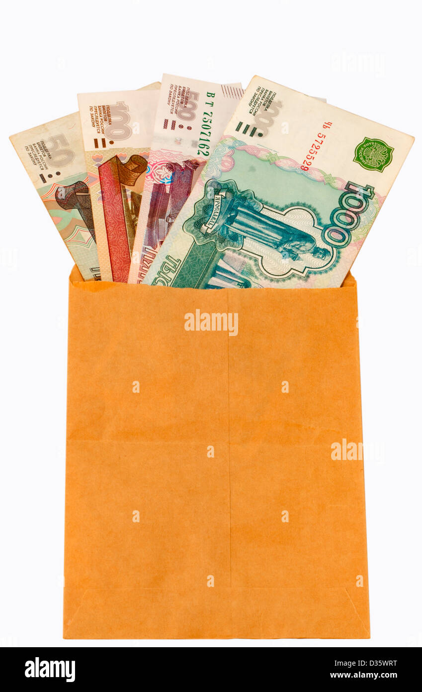 pile of money of Russia in paper envelop isolated on a white background ...