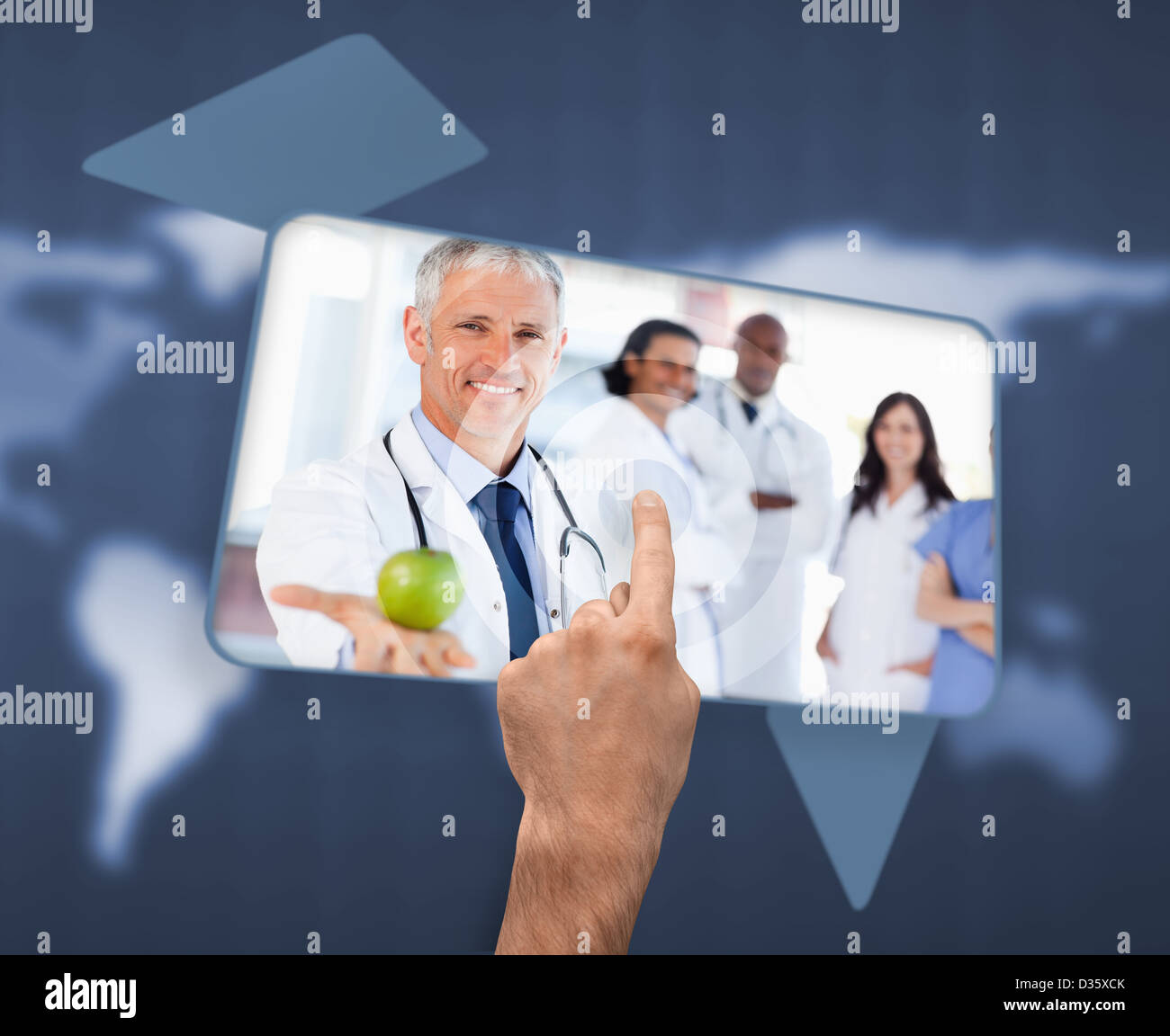 Hand selecting image of doctor holding apple Stock Photo - Alamy