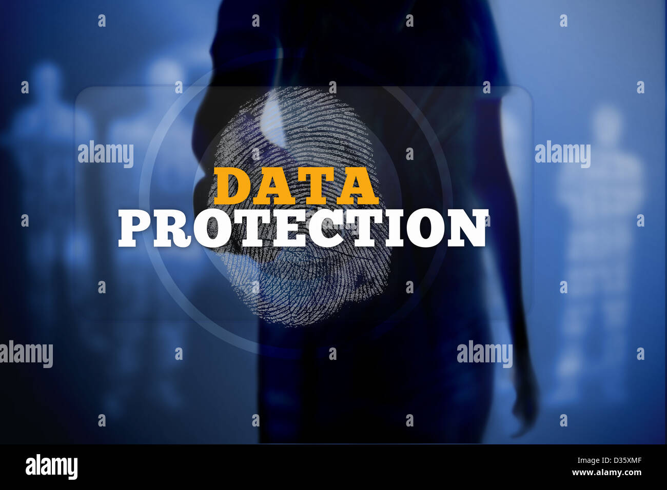 Silhouette of woman touching data protection button with fingerprint ...