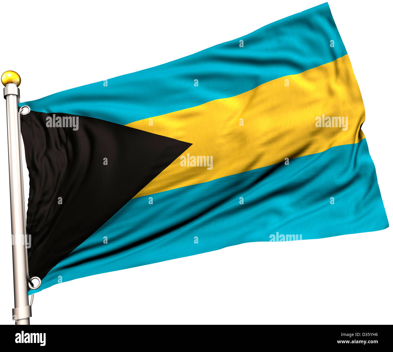 Bahamas flag on a flag pole. Clipping path included. Silk texture ...