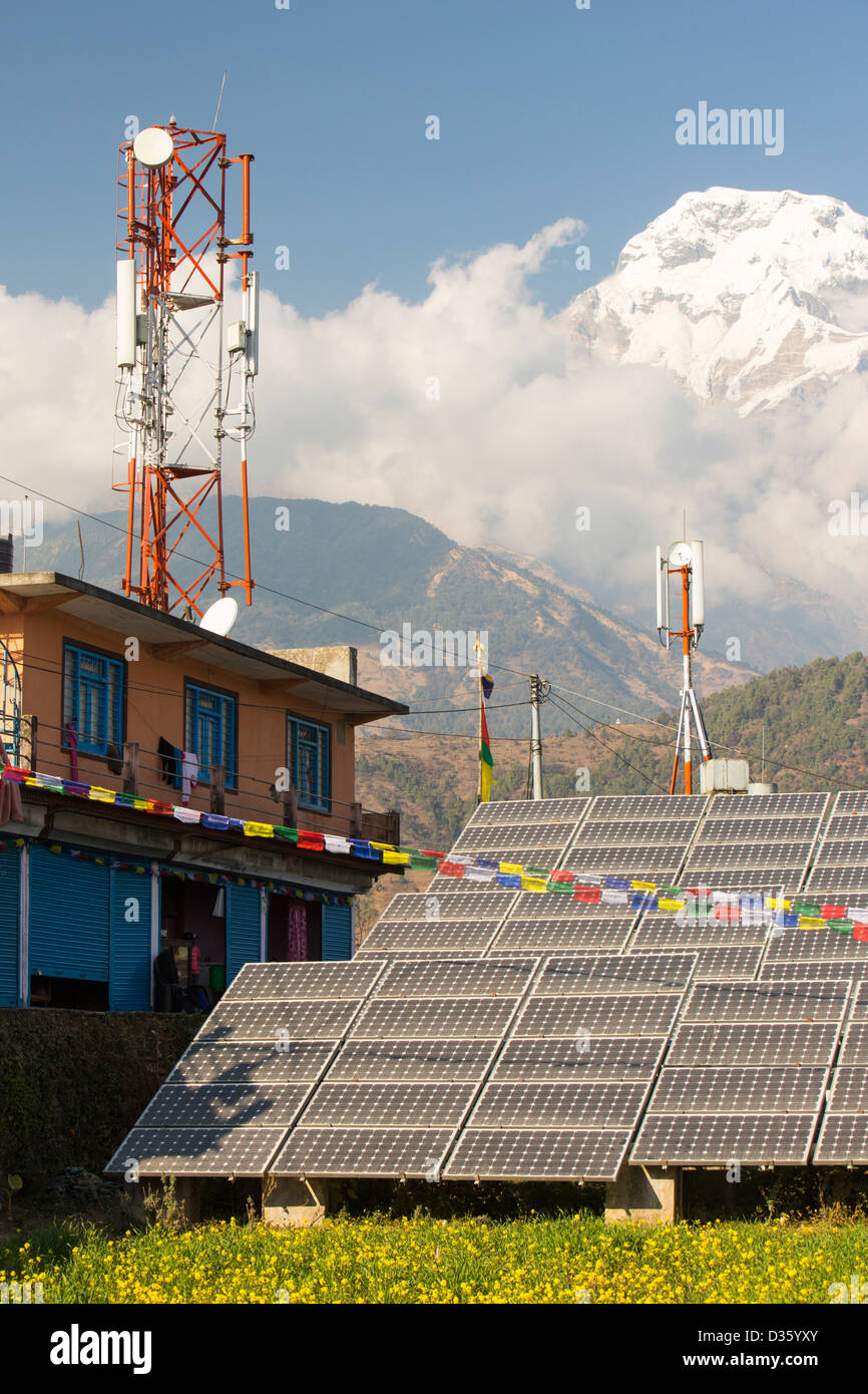 Solar photo voltaic panels at Ghandruk in the Himalayas, Nepal, being ...