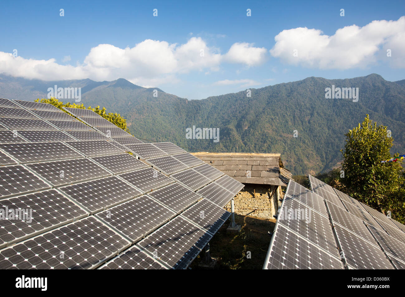 Solar photo voltaic panels at Ghandruk in the Himalayas, Nepal, being ...