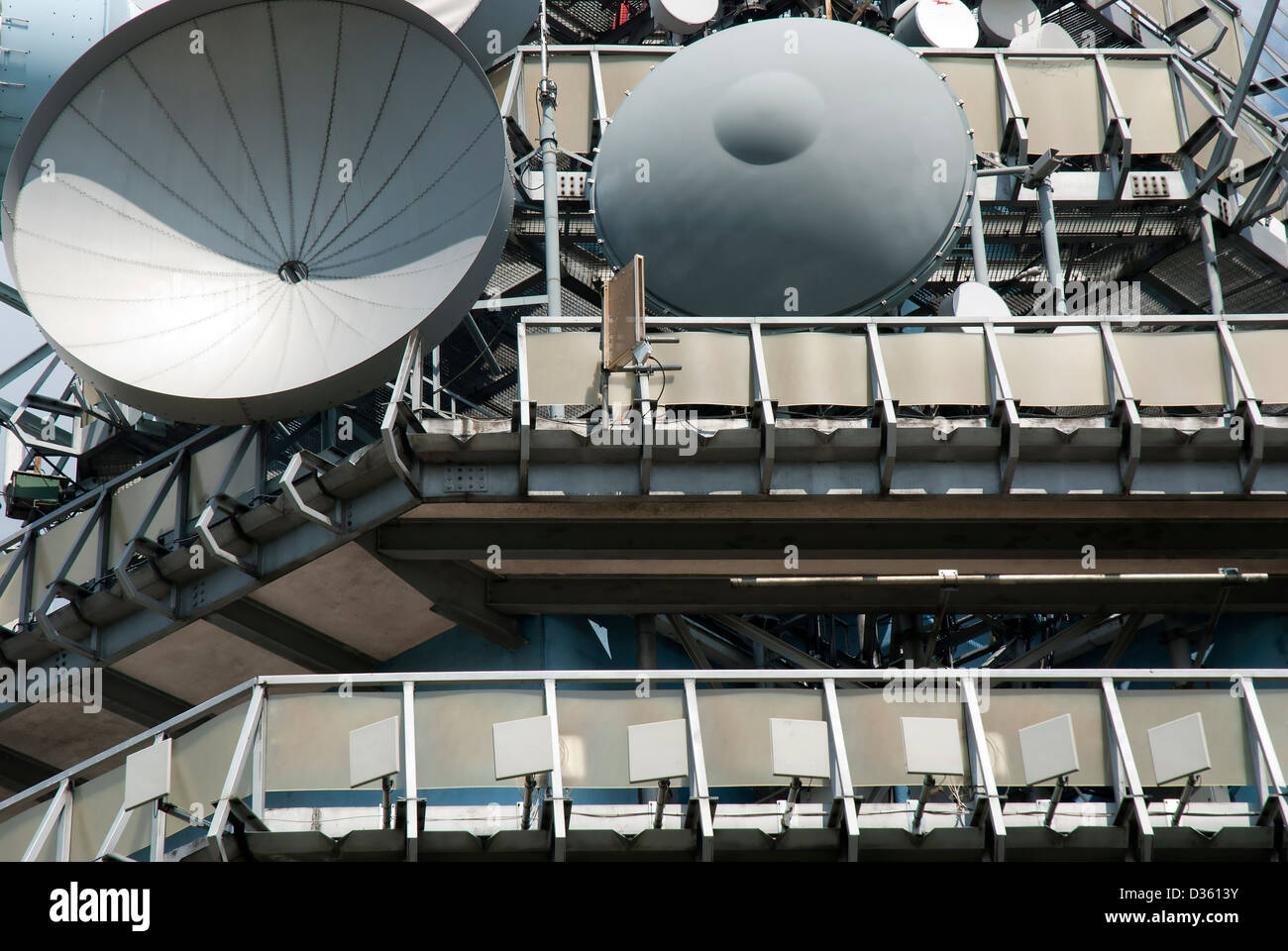 Microwave telecommunications tower with many satellite dish Stock Photo ...