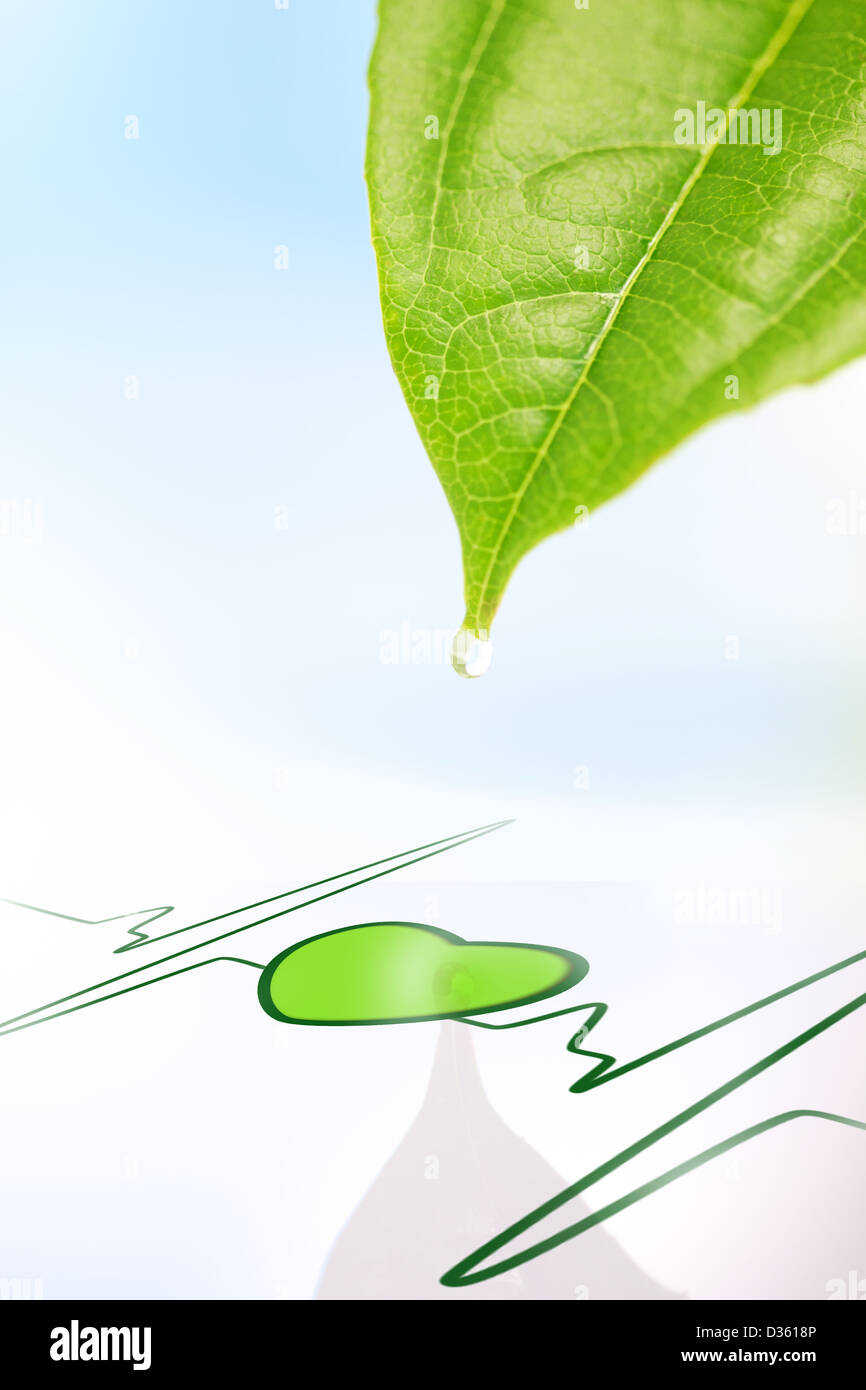 Dew drop falling from leaf onto green heart symbol on ECG line Stock ...