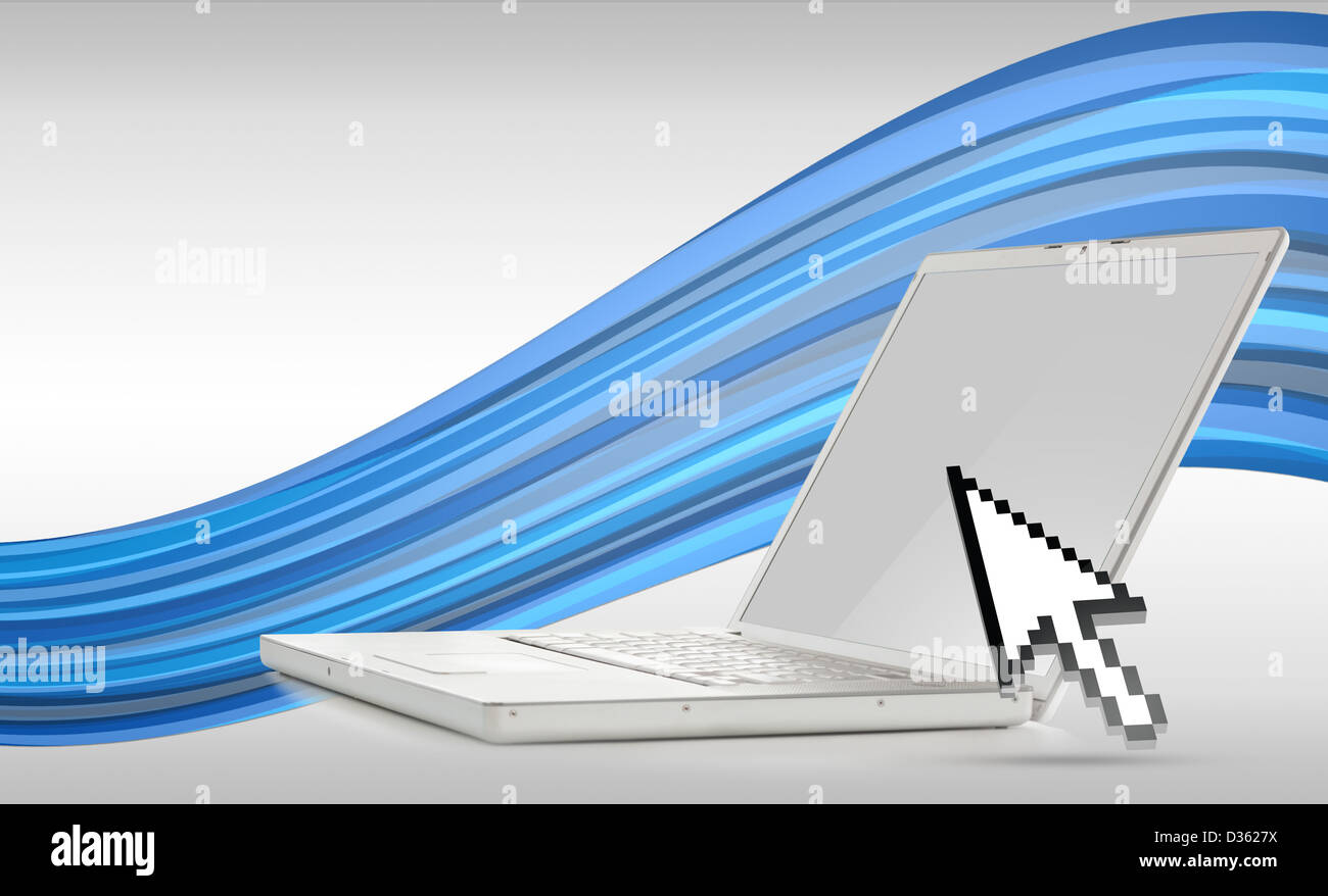 Mouse icon pointing to open laptop Stock Photo - Alamy