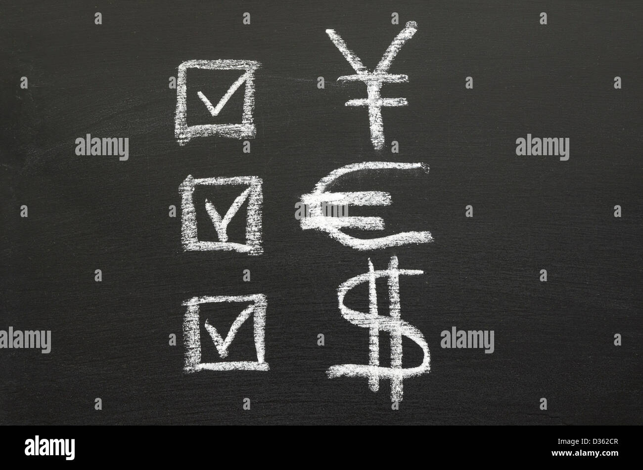 marked check boxes with Yen, Euro and Dollar symbols Stock Photo - Alamy