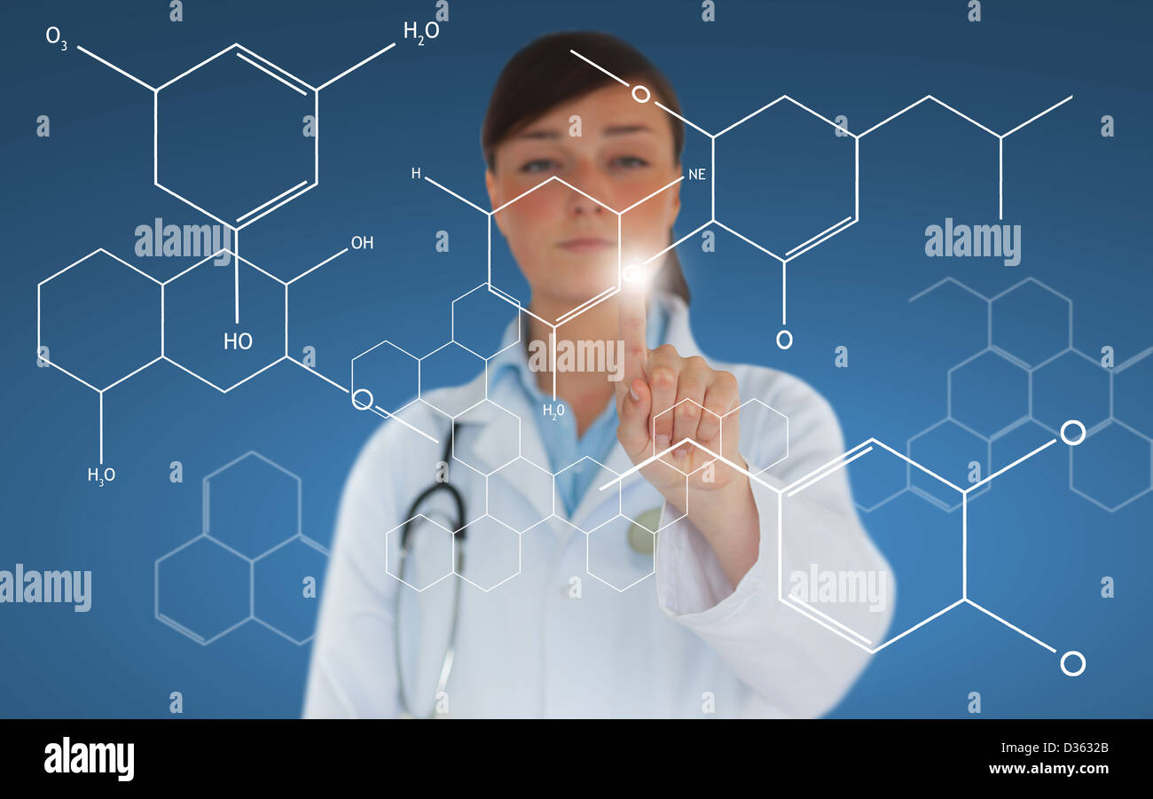 Practitioner using touchscreen displaying chemical formula Stock Photo ...