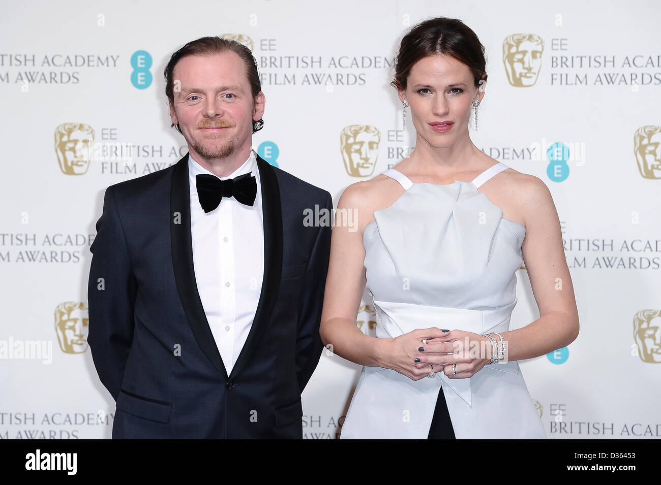 London, UK. Feb 10th, 2013. Presenters Simon Pegg and Jennifer Garner ...